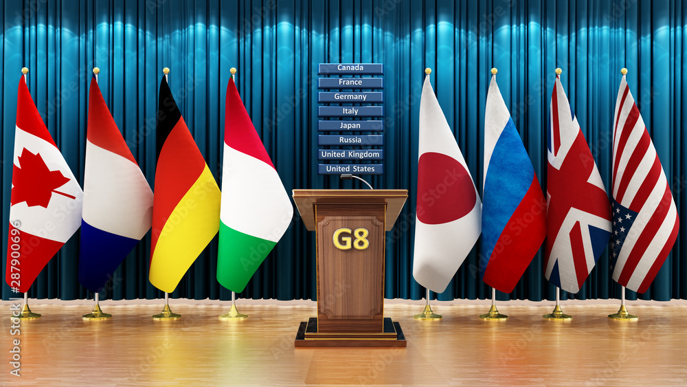 G8 country flags arranged in a conference room. 3D illustration Stock ...