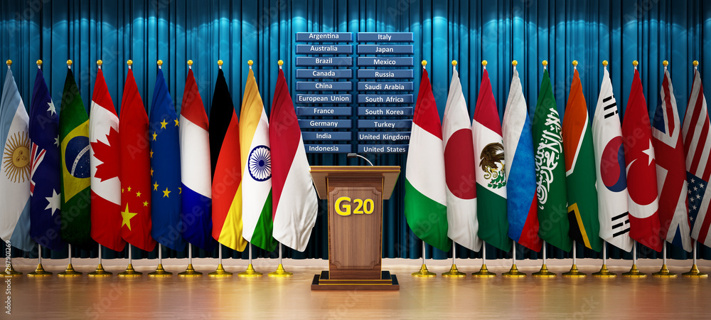 G20 country flags arranged in a conference room. 3D illustration Stock ...