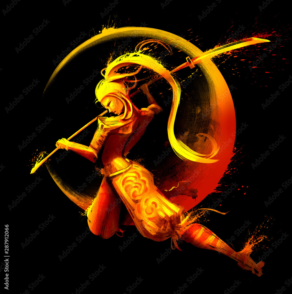 Female samurai with a Japanese halberd into a deadly jump on the ...