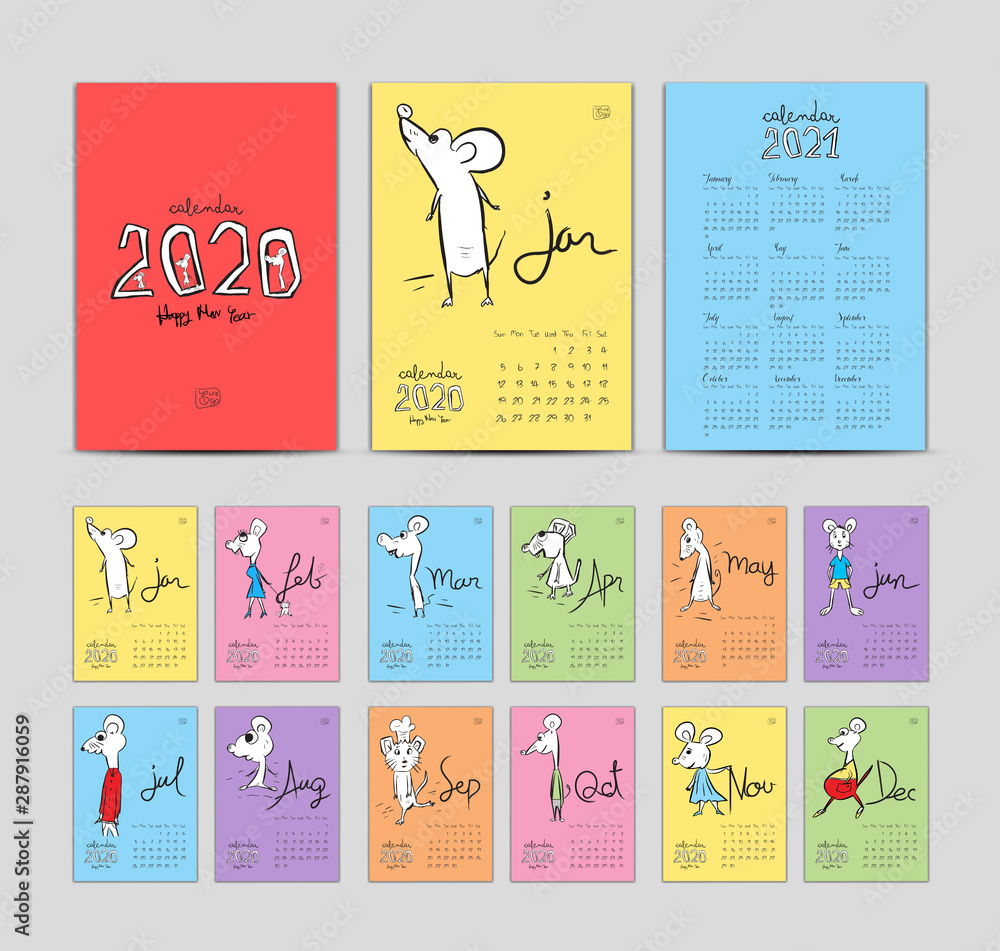Set Desk Calendar 2020 with rat cartoon character vector, cover design ...
