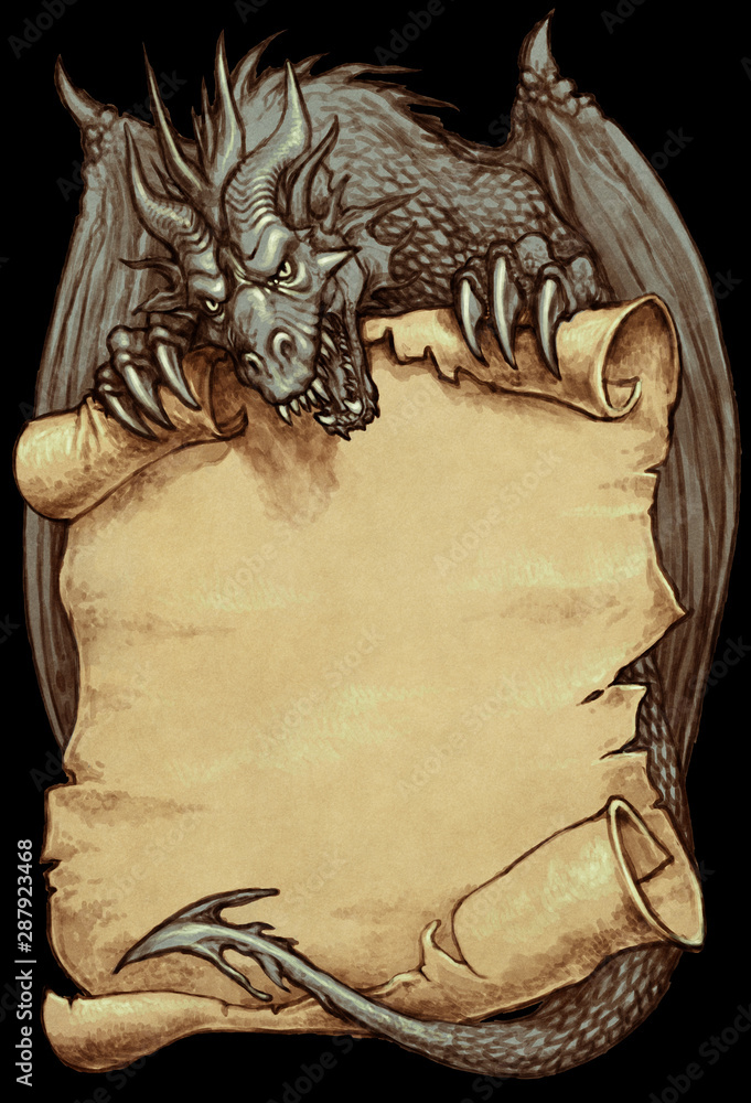 Poster Mighty dragon holding an old paper scroll – Wall Art | UkPosters