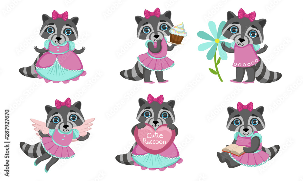 Cute Raccoon Cartoon Character in Pink Dress and Bow Set, Adorable ...