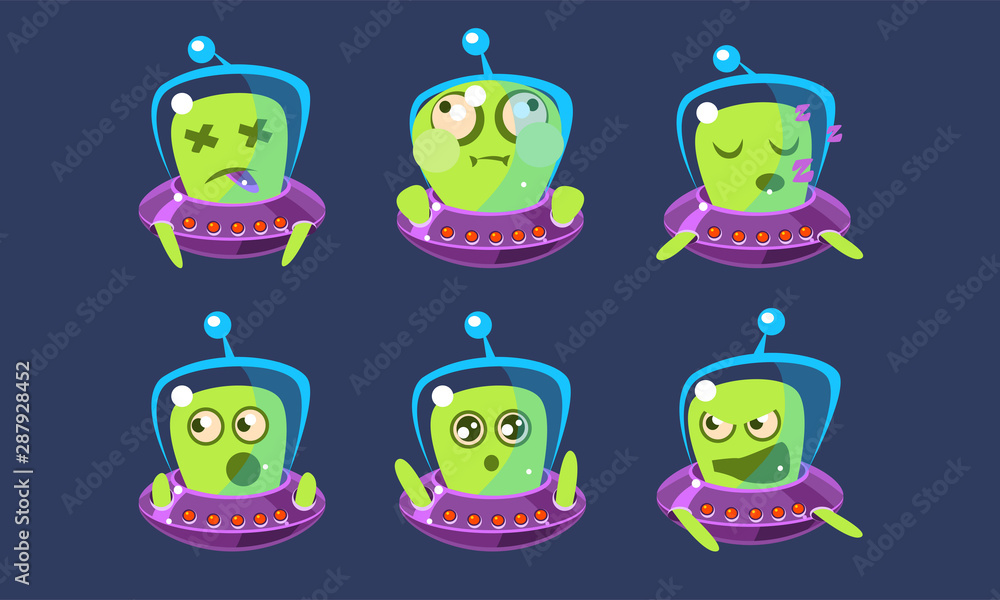 Alien Character in Ufo Set, Funny Monster with Different Emotions, Cute ...