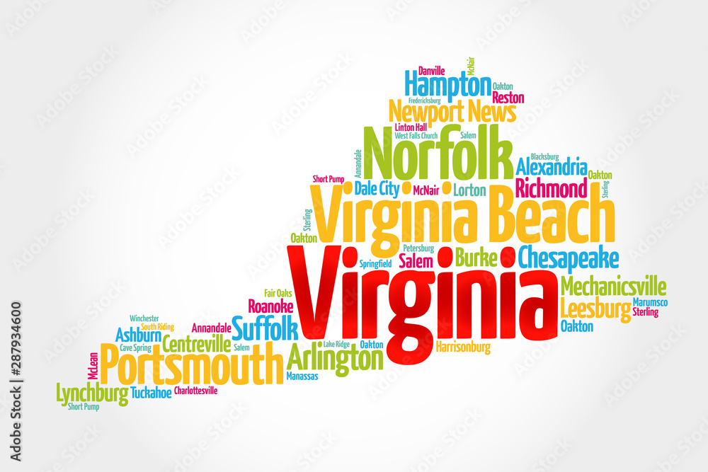 List of cities in Virginia USA state, map silhouette word cloud map ...