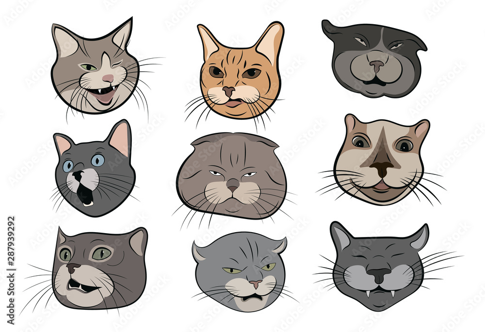 Set of funny cats. Collection of portraits of crooked cats. Cat head ...
