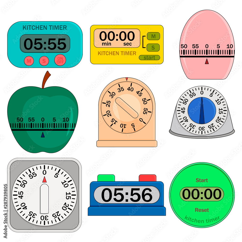 Kitchen timer set. Flat illustration of 9 kitchen timer icons for web ...