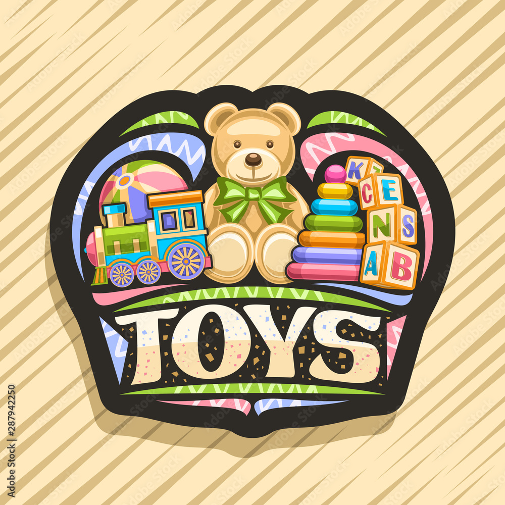 Vector logo for Kids Toys, black decorative sign board with ...