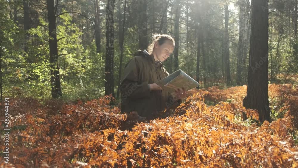 Woman lost in the forest, looking at old map, thinking, nature ...