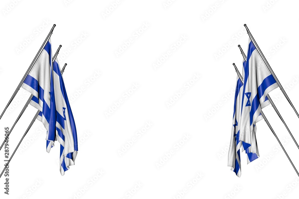 nice many Israel flags hangs on in corner poles from left and right ...