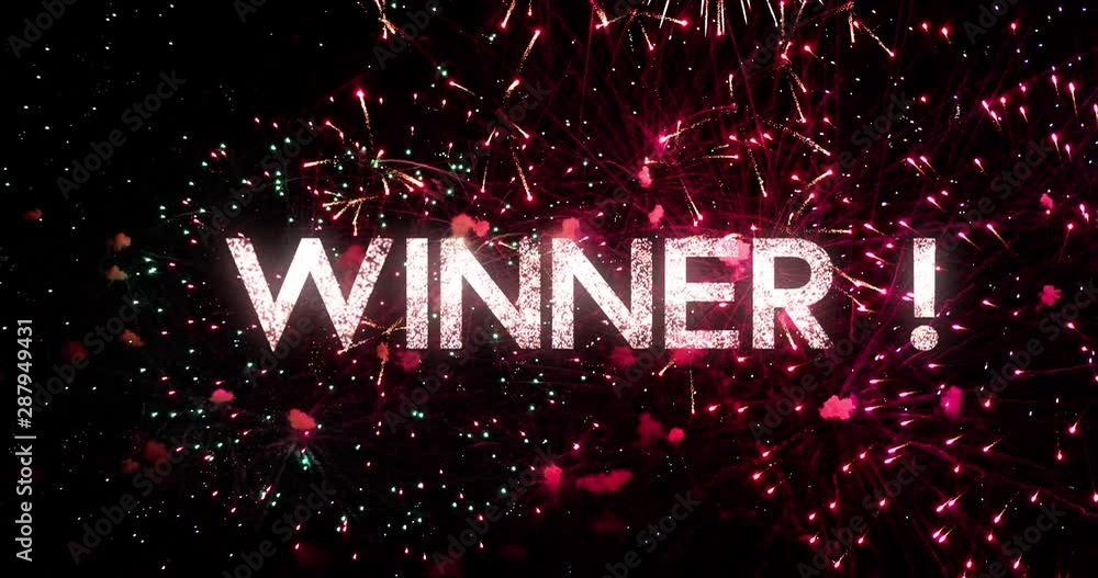 Winner text animation with a splendid fireworks on black night sky ...