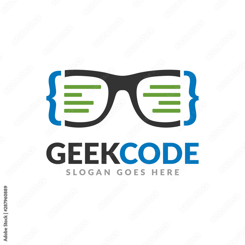 Geek code logo design template, a glasses with code symbol and text ...