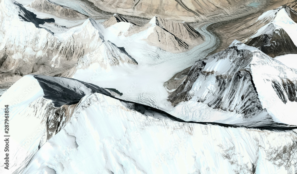 The top and foothills of mount Everest in the Himalayas from a height ...