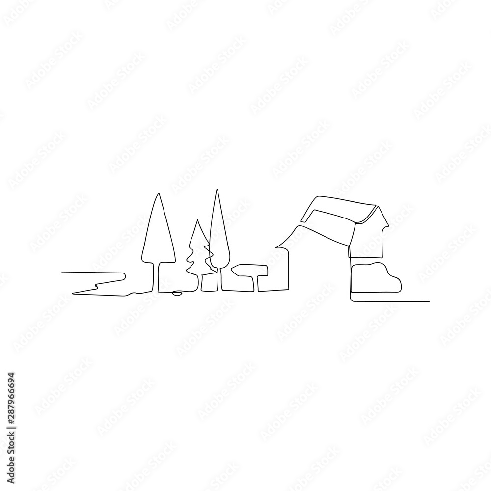 continuous line drawing of village. isolated sketch drawing of village ...