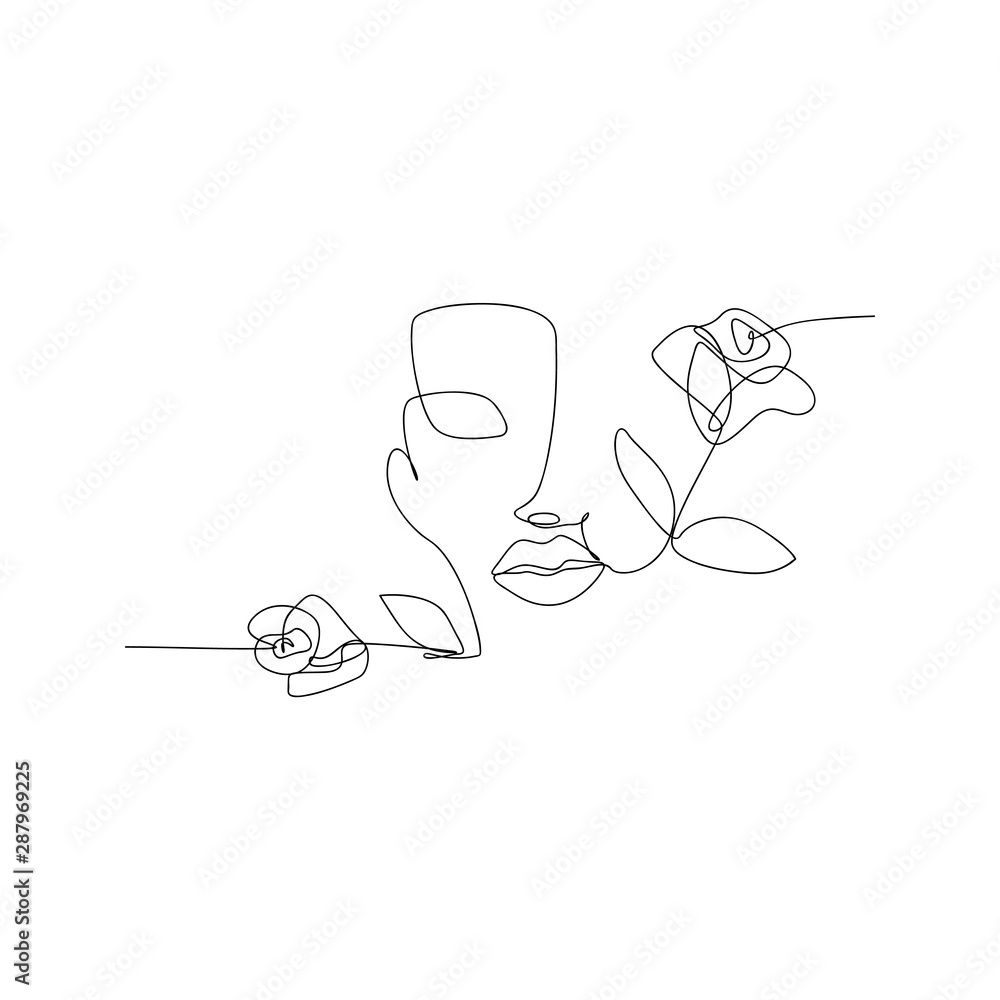 continuous line drawing of woman face with rose flower. isolated sketch ...