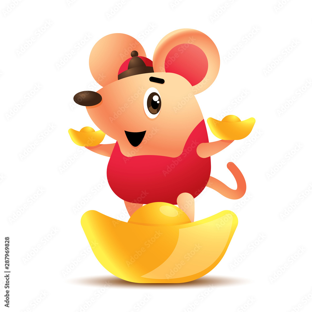 Cartoon cute little rat stand on chinese gold ingot. Greetings from the ...