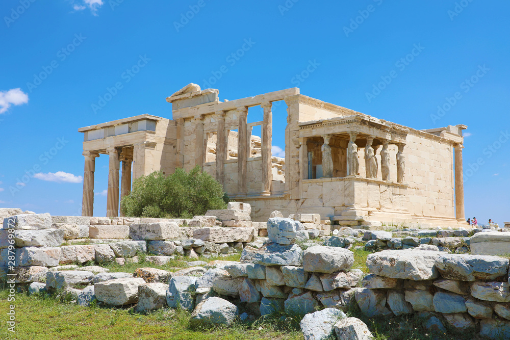 Erechtheion temple with Caryatid Porch on the Acropolis, Athens, Greece. Famous Acropolis hill ...