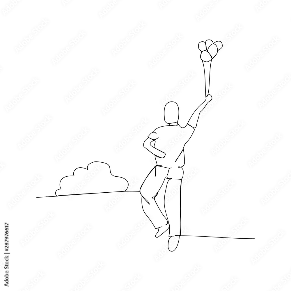 continuous line drawing of men with balloons. isolated sketch drawing ...