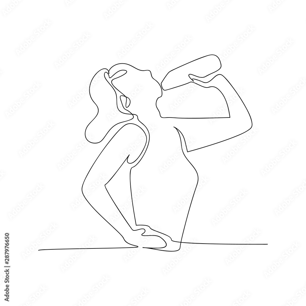 continuous line drawing of girl drinking water. isolated sketch drawing ...