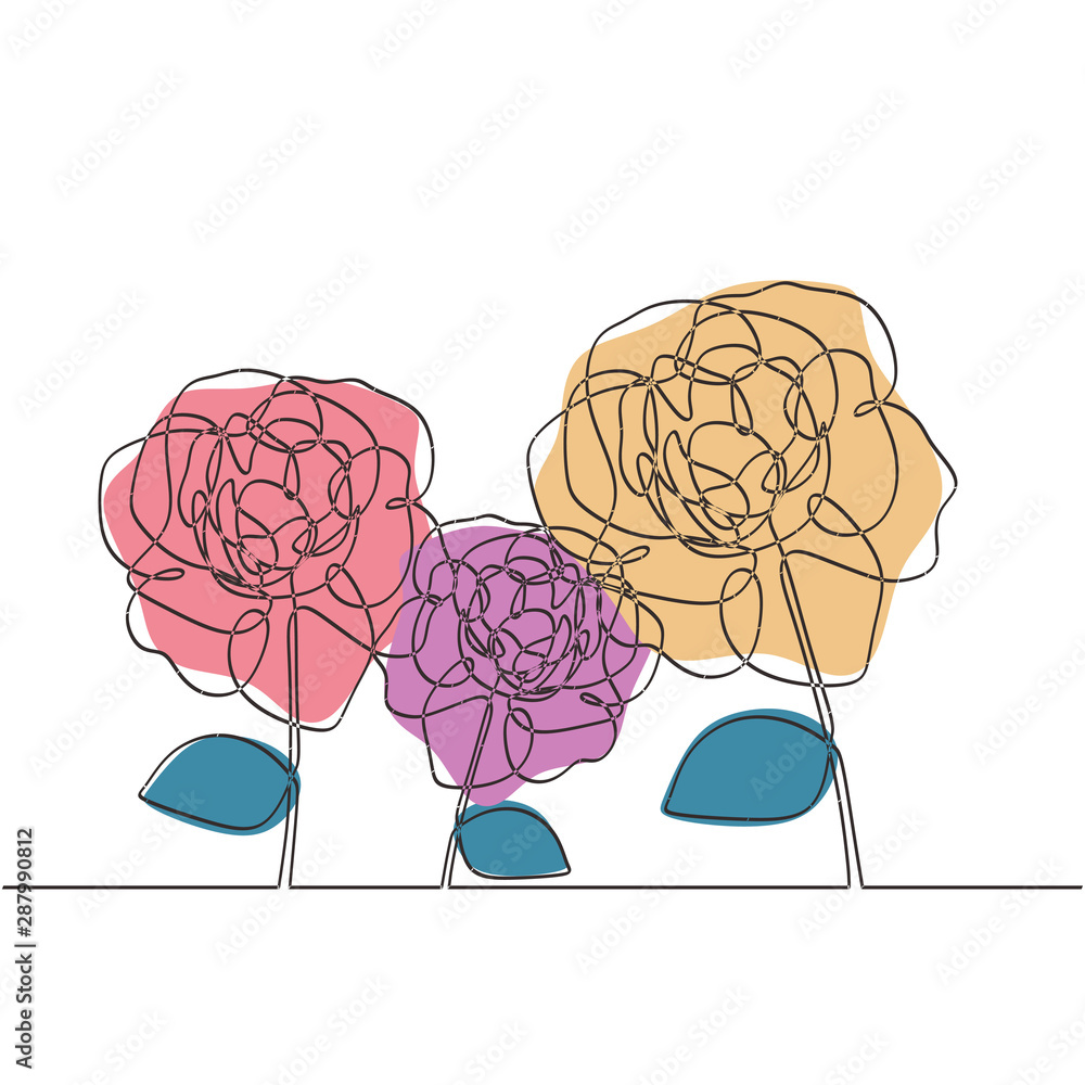 Continuous line drawing of three flowers. Rose hand drawn flower ...