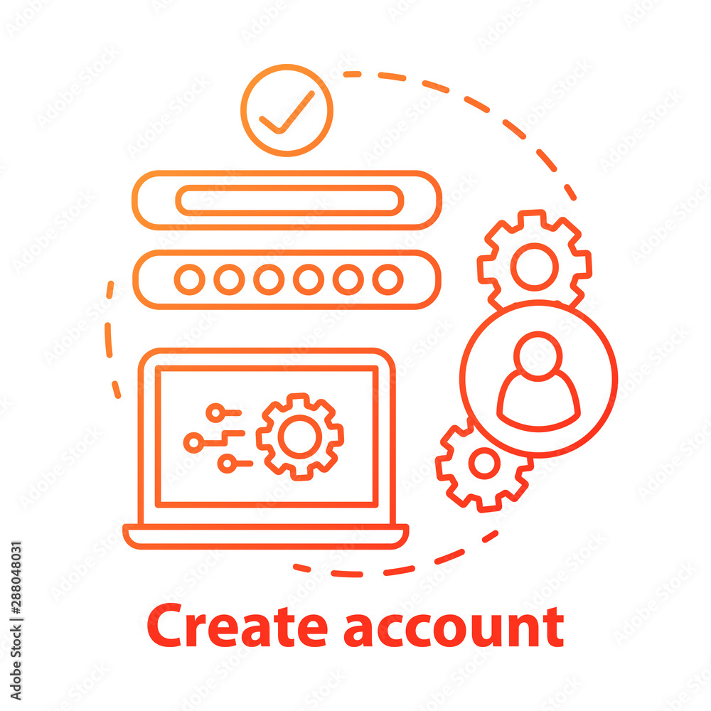 Create account red concept icon. Social network profile registration ...