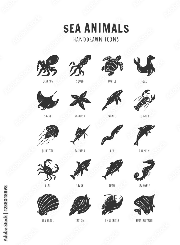 Sea animals glyph icons set. Starfish, butterflyfish, seal. Ocean ...