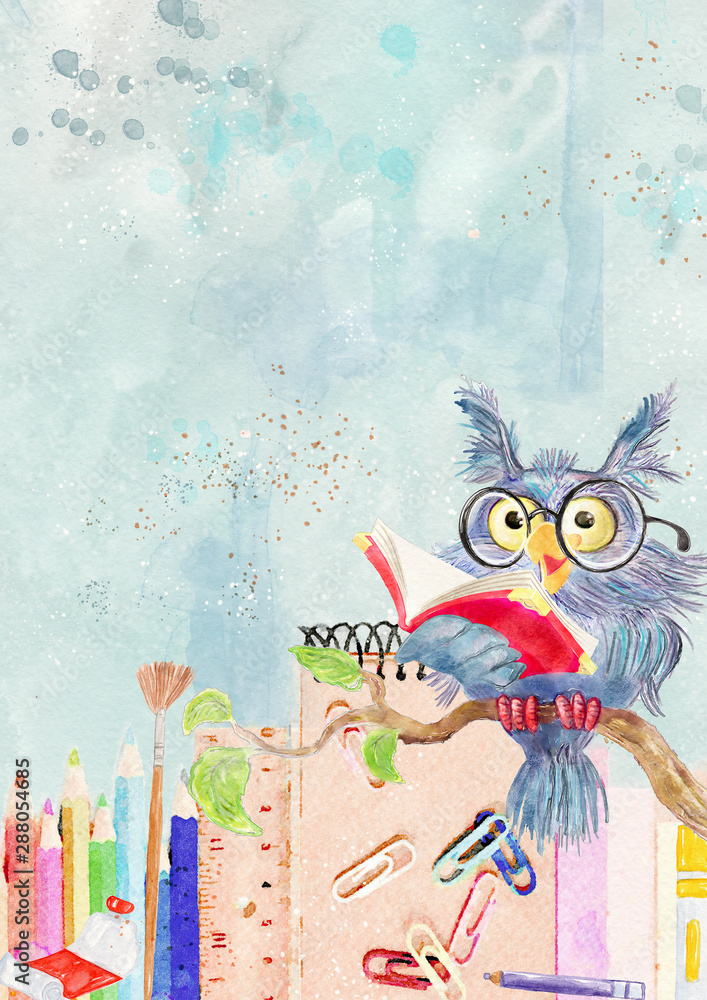 Back to school. Watercolor school background with owl Stock ...
