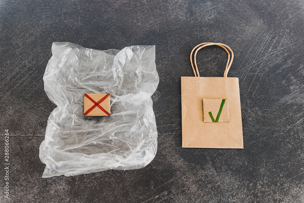 sustainable materials still-life with plastic wrapping crossed out vs ...