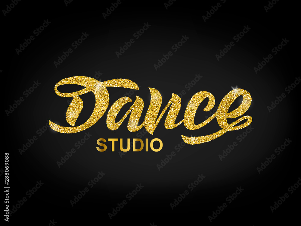Handwritten brush lettering for ballet or dance studio. Gold glitter ...