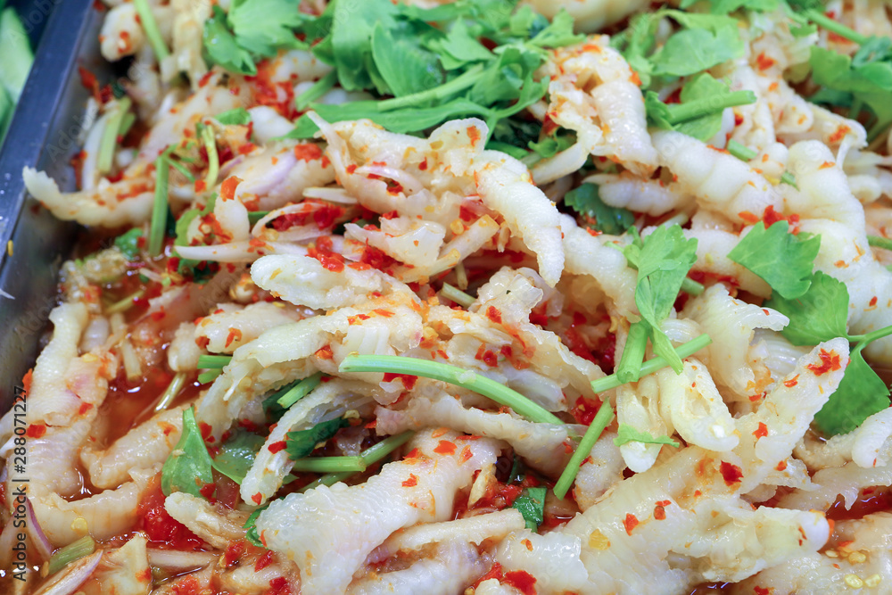 Thai style chicken feet skin curry at street side food stall Stock ...