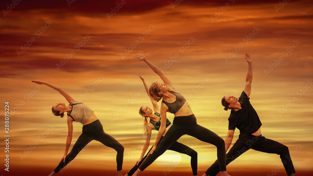 double exposue background of group of caucasian people having yoga ...