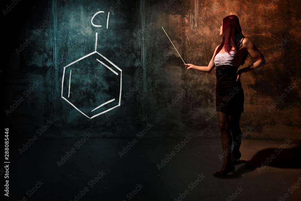 Sexy girl or secretary or female student presenting handdrawn chemical ...