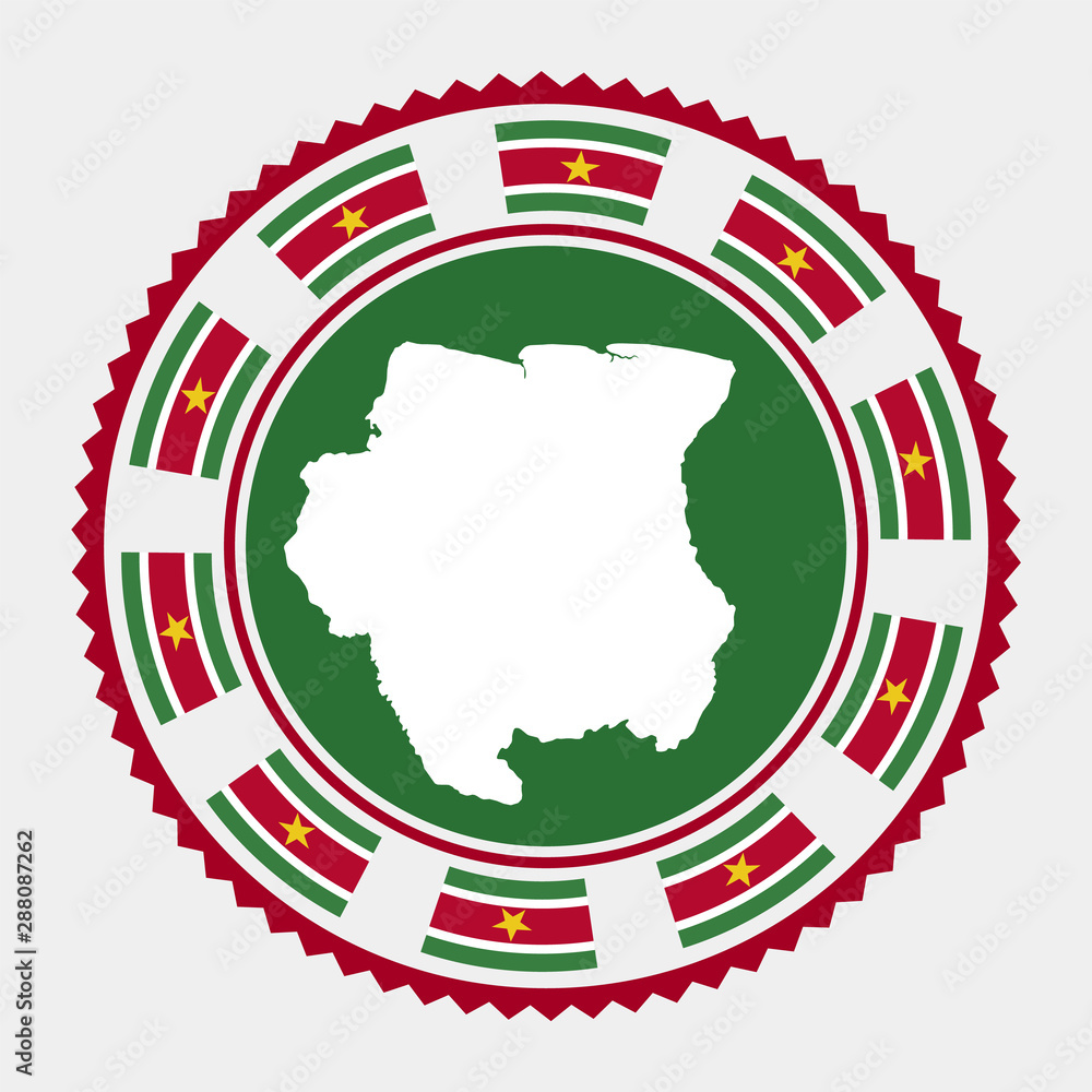 Suriname flat stamp. Round logo with map and flag of Suriname. Vector ...