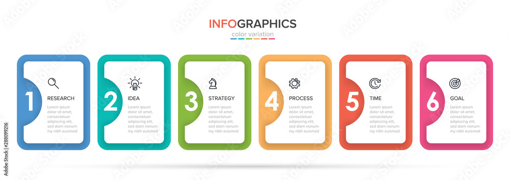 Concept of arrow business model with 6 successive steps. Five colorful ...