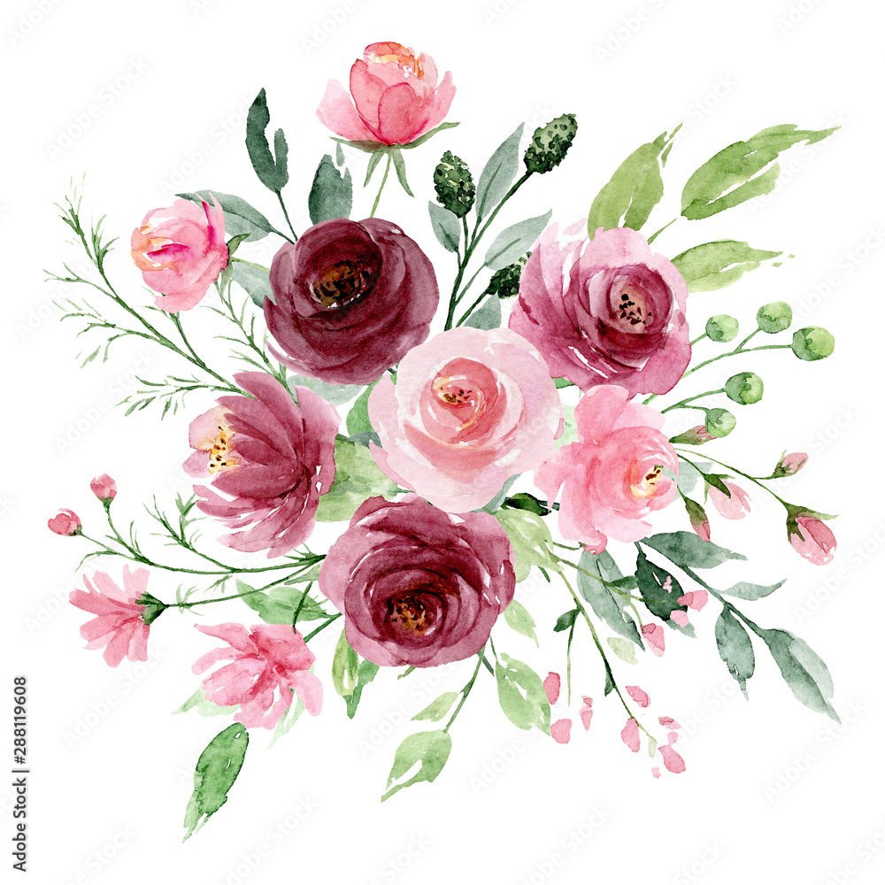 Pink flowers watercolor, floral clip art. Bouquet roses perfectly for ...