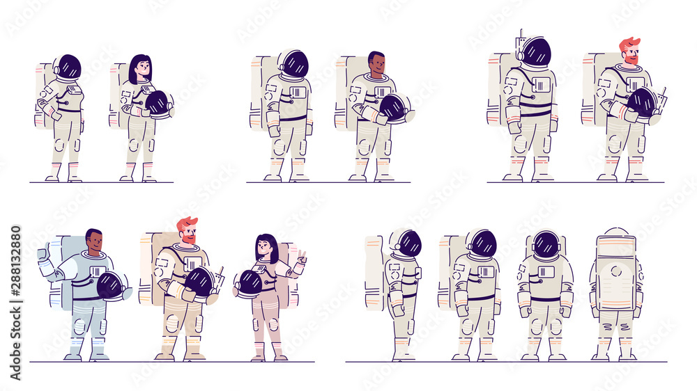 Cosmonauts in space suits flat vector illustrations set. Multiracial ...