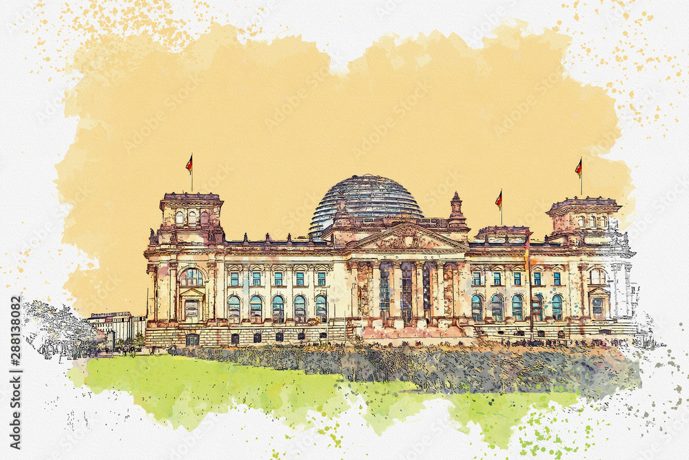 Watercolor sketch or illustration of a beautiful view of the Reichstag ...