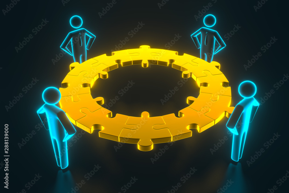 Four human 3d figures are holding pieces of a puzzle in their hands ...