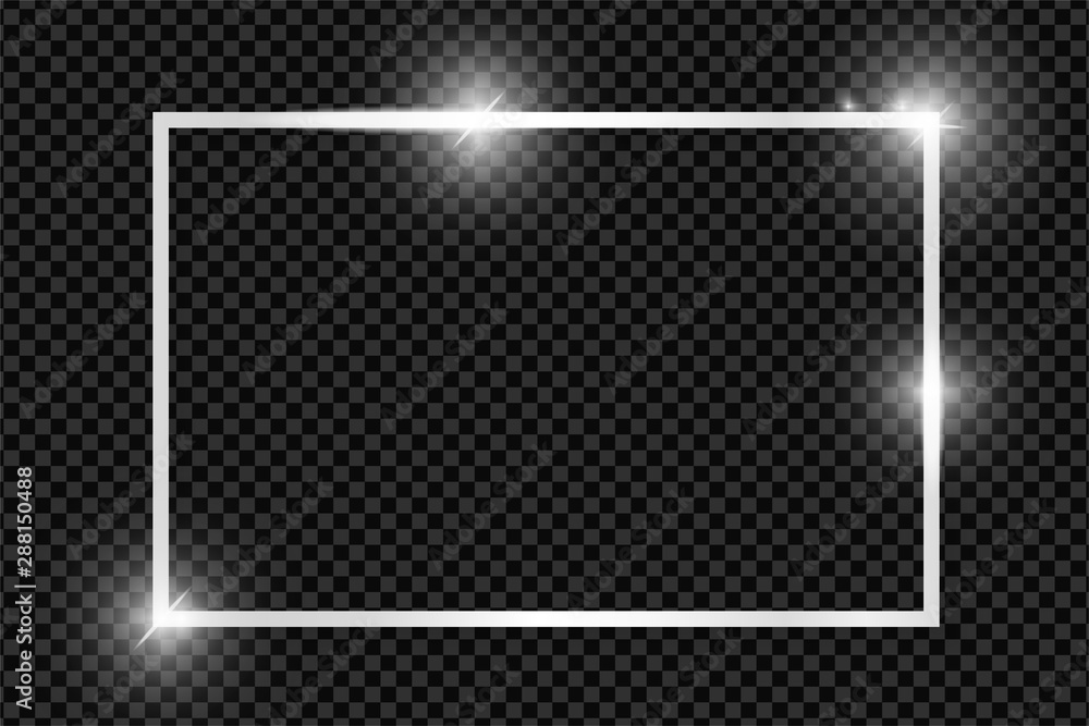 Platinum shiny glowing vintage rectangle frame with shadows isolated on dark transparent ...