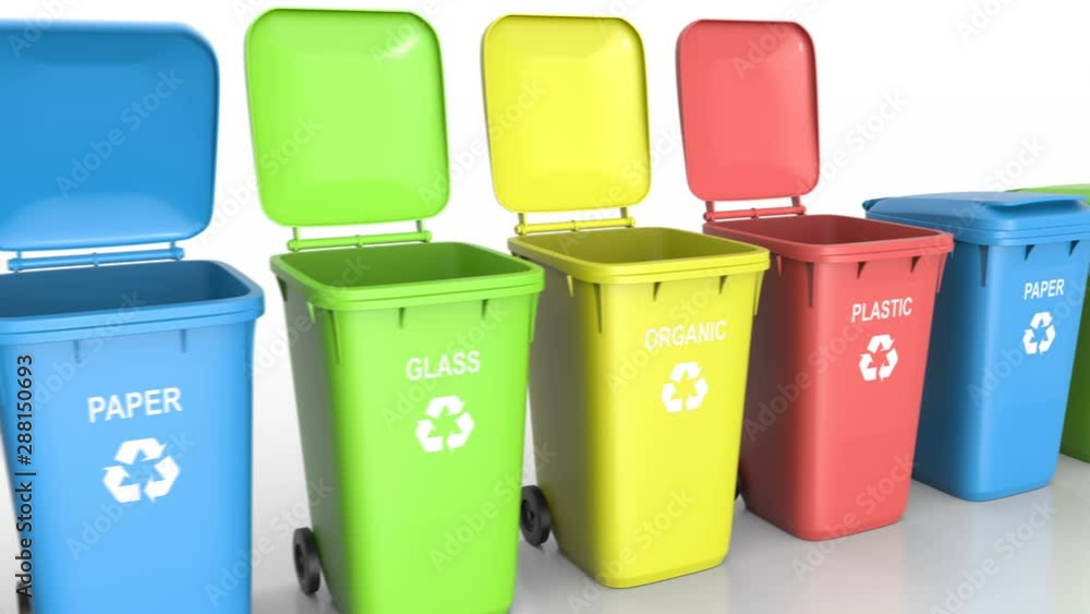 Plastic waste bins with flaps opening and closing, waste type labels ... Plastic waste bins with flaps opening and closing, waste type labels ...
