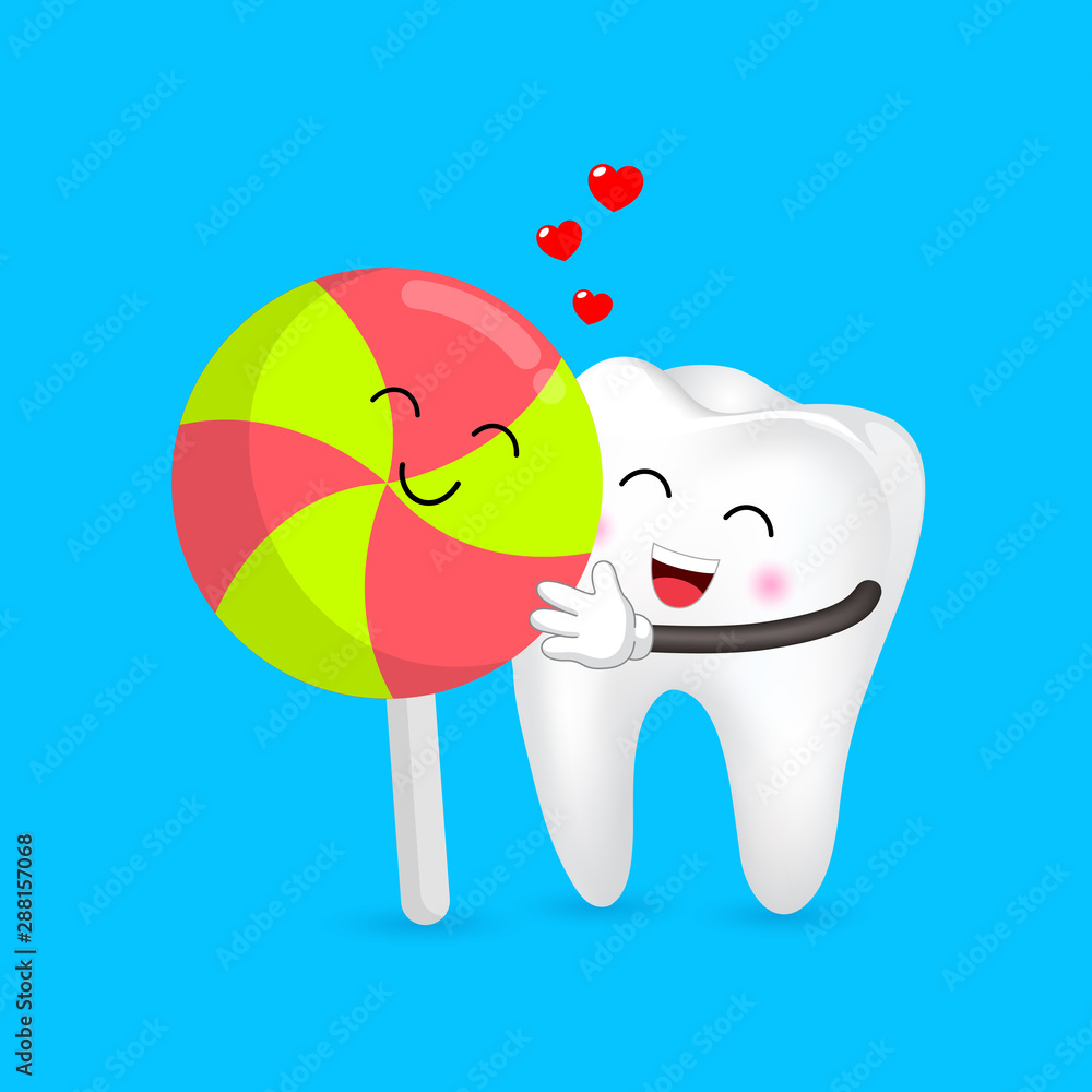 Cute cartoon tooth character in love with lollypop. Dental care concept ...