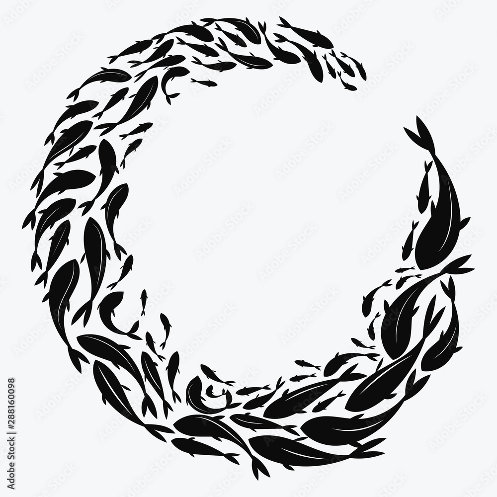School of fish. A group of silhouette fish swim in a circle. Marine ...