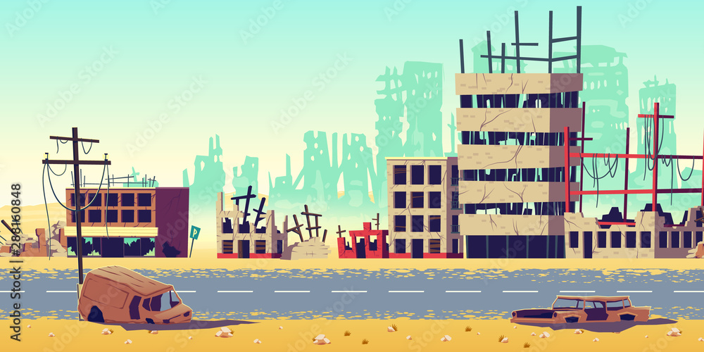 Destruction in war zone, natural disaster or cataclysm consequences ...