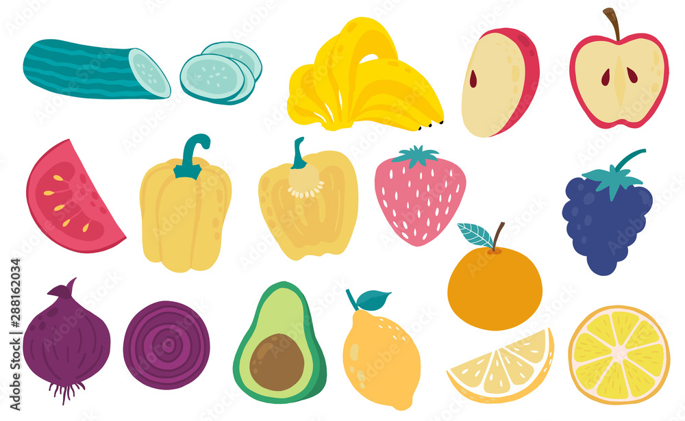 Cute fresh fruit object collection with yellow pepper, tomato, banana ...