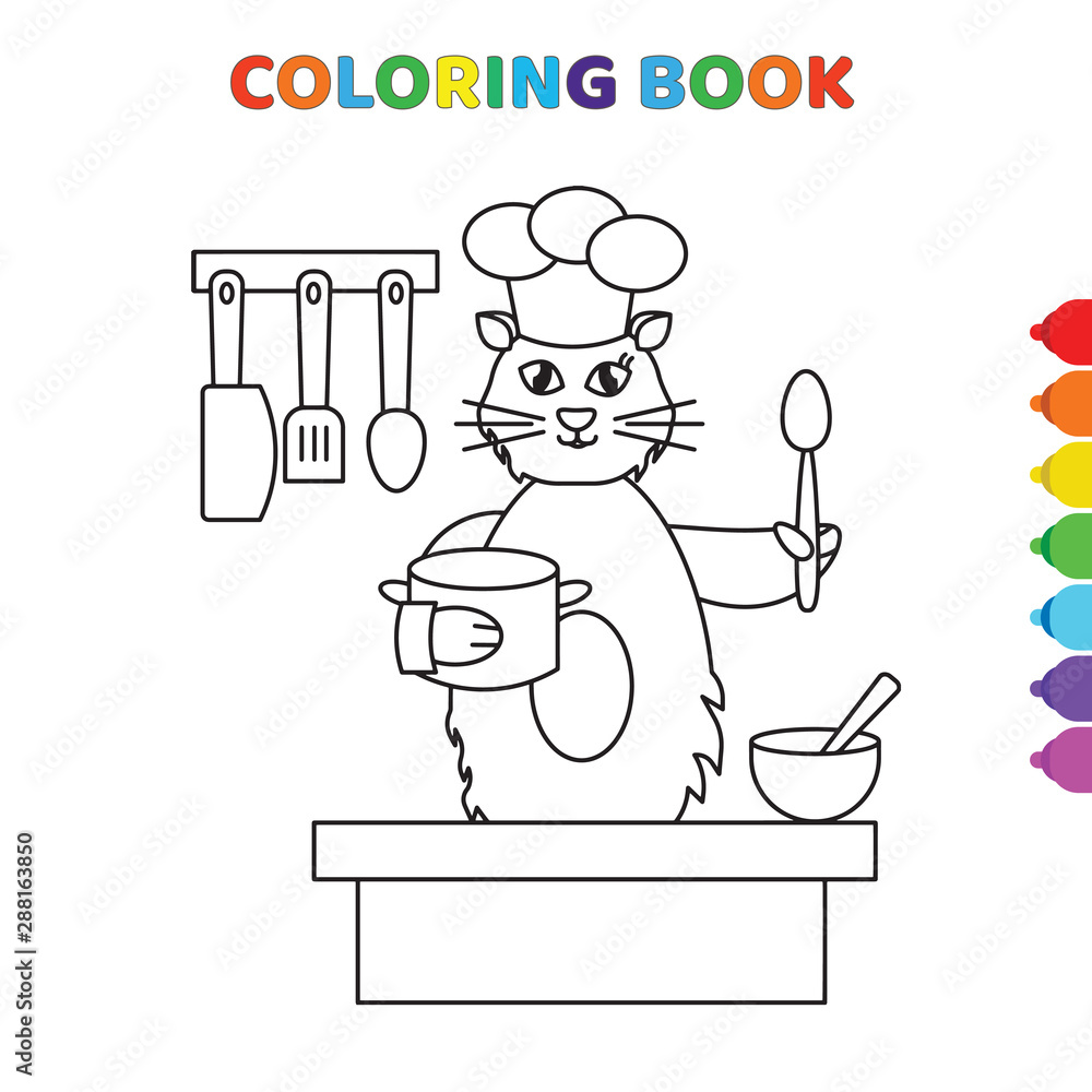 cute cartoon chef cat taking spoons and pot in a kitchen coloring book ...