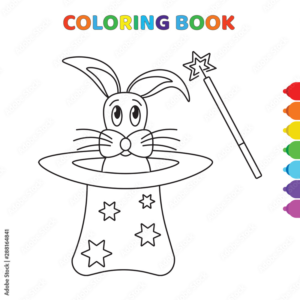 cute cartoon rabbit in a magician hat and magic tool coloring book for ...
