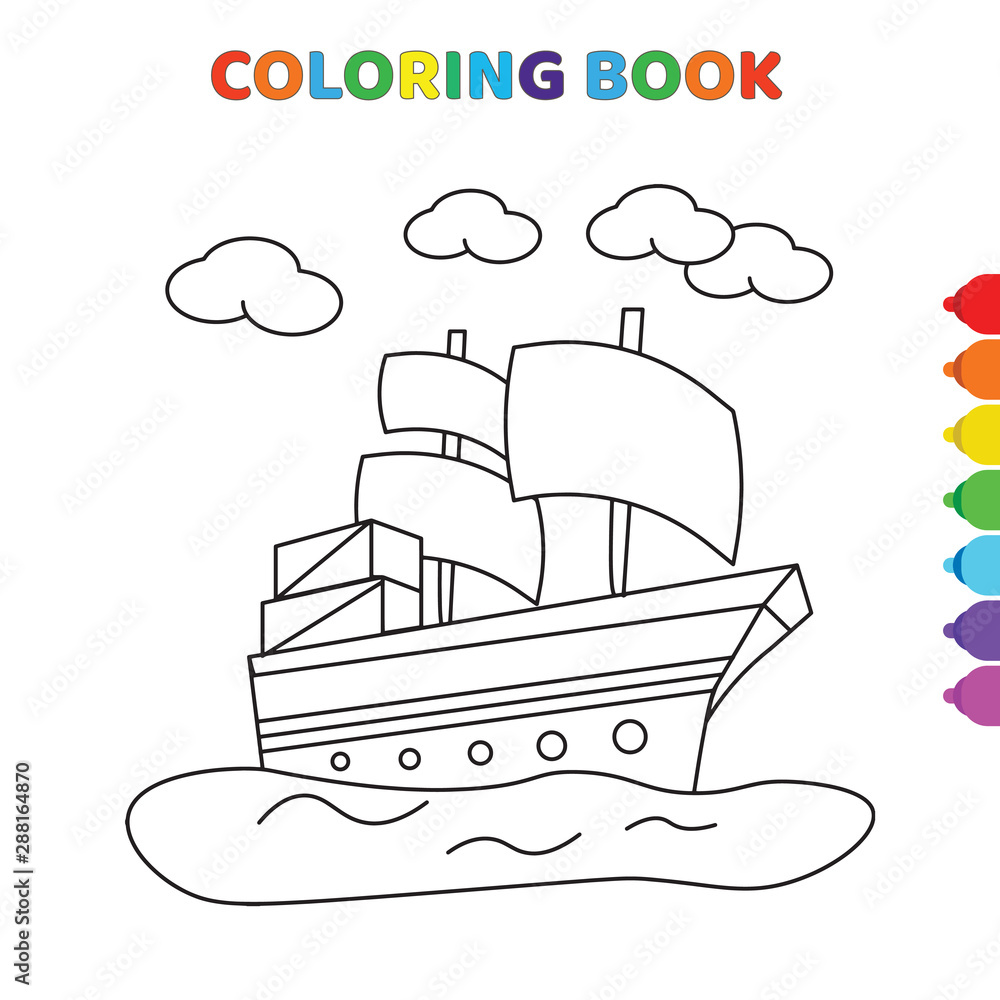 cute cartoon sailing ship in a ocean coloring book for kids. black and ...