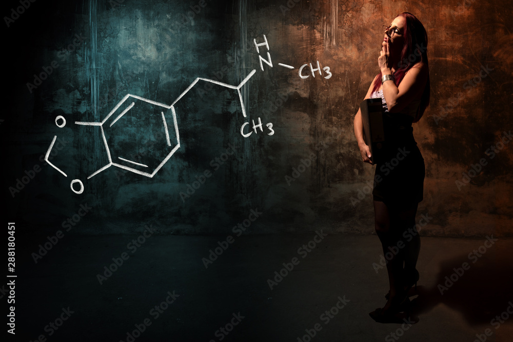 Sexy girl or secretary or female student presenting handdrawn chemical ...