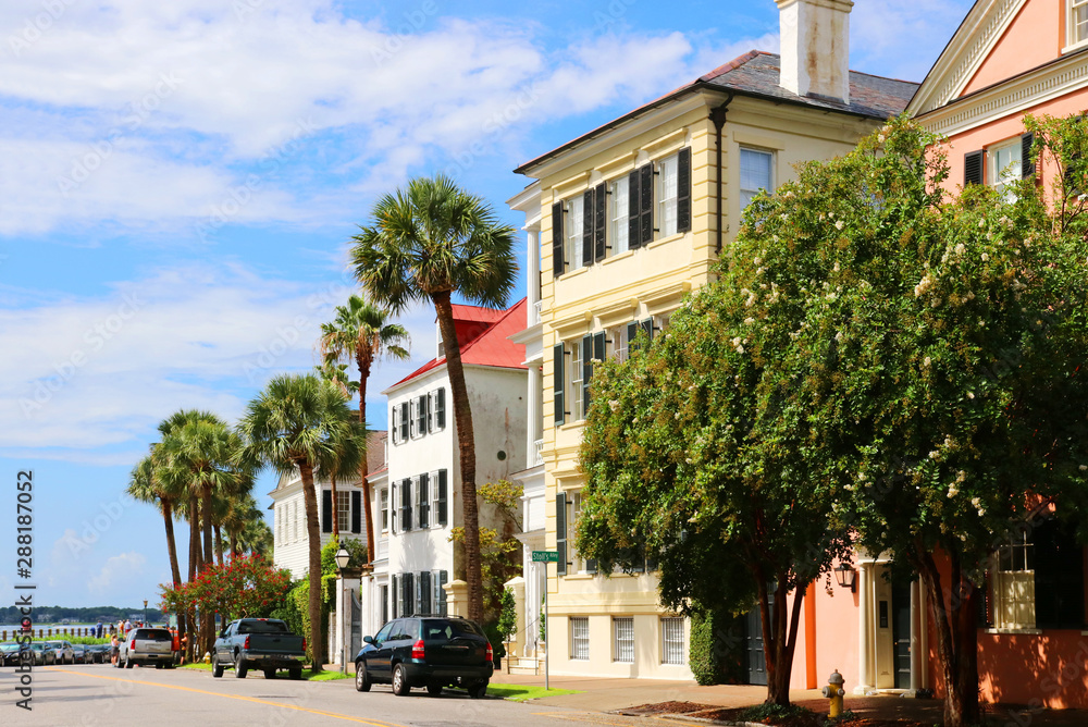 Street view with beautiful buildings, palm trees and parked cars in the ...