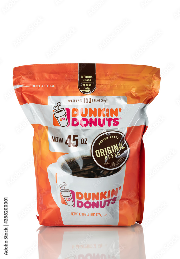Bag of Dunkin Donuts coffee isolated on white background with ...