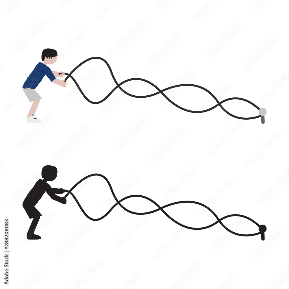 Person doing battle rope exercise in flat and silhouette style icon ...